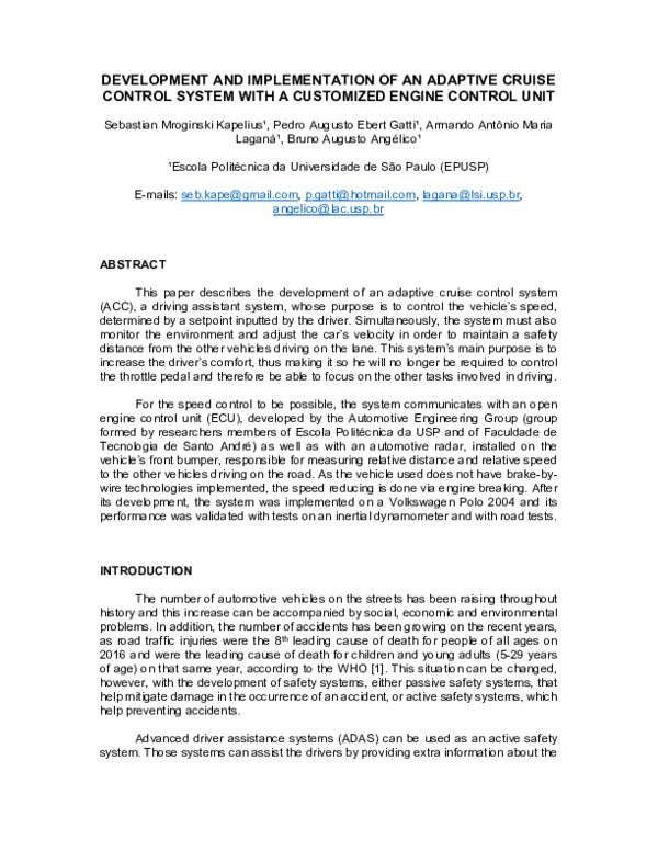 (PDF) Development and Implementation of an Adaptive Cruise Control ...