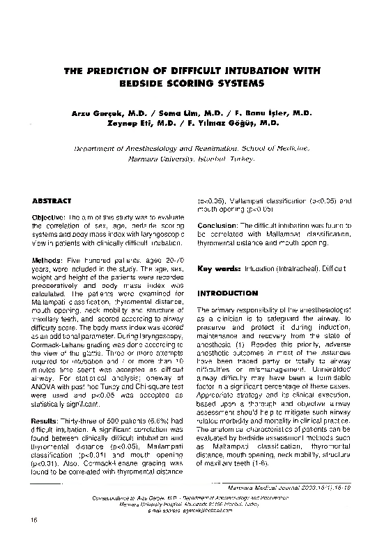 (PDF) The prediction of difficult intubation with bedside scoring systems