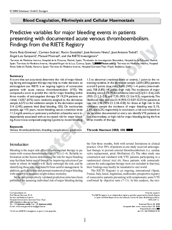 (PDF) Predictive variables for major bleeding events in patients ...