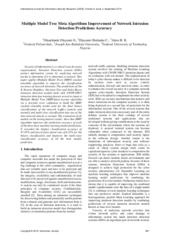 Pdf Multiple Model Tree Meta Algorithms Improvement Of Network Intrusion Detection Predictions