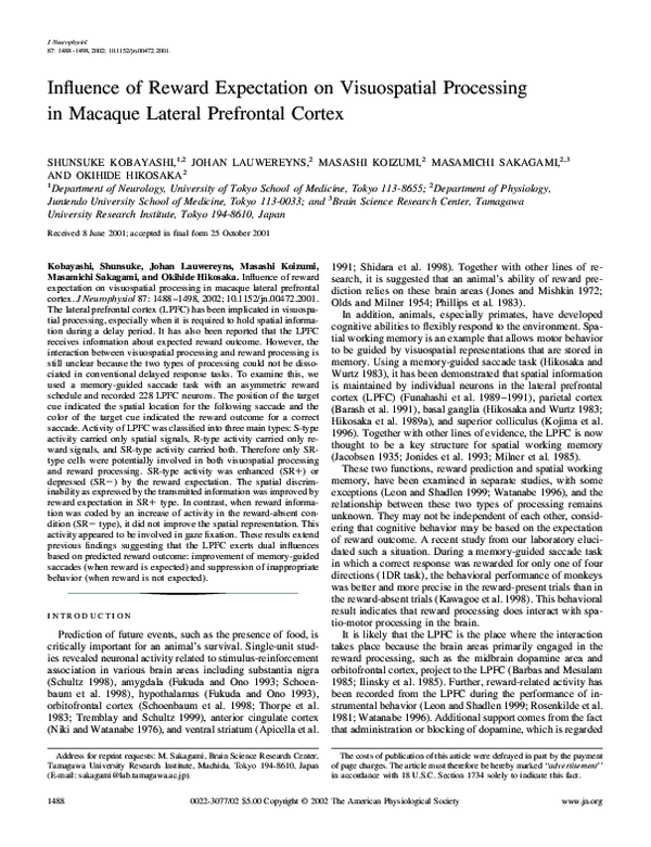 (PDF) Influence of reward expectation on visuospatial processing in macaque lateral prefrontal ...