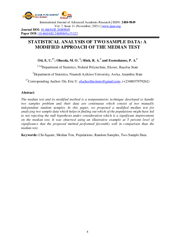 (PDF) STATISTICAL ANALYSIS OF TWO SAMPLE DATA: A MODIFIED APPROACH OF ...