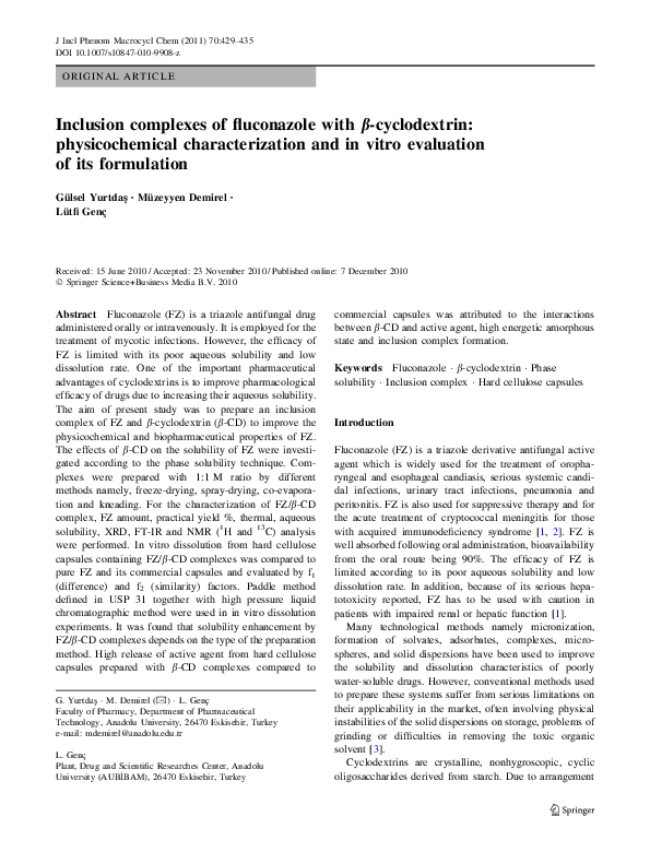 (PDF) Inclusion complexes of fluconazole with β-cyclodextrin: physicochemical characterization ...
