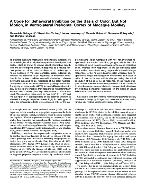 (PDF) A code for behavioral inhibition on the basis of color, but not motion, in ventrolateral ...