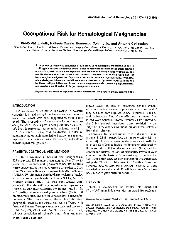 (PDF) Occupational risk for hematological malignancies