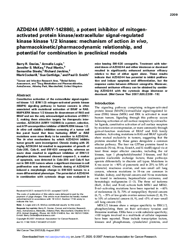 (PDF) AZD6244 (ARRY-142886), a potent inhibitor of mitogen-activated ...