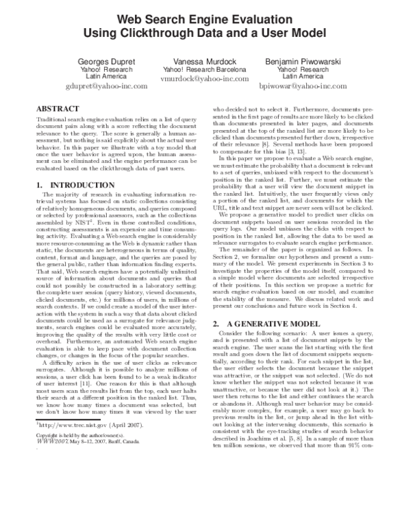 Pdf Evaluating Search Engines Via Clickthrough Data 