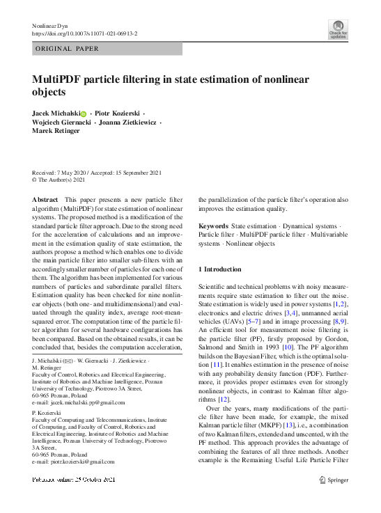 Pdf Multipdf Particle Filtering In State Estimation Of Nonlinear Objects
