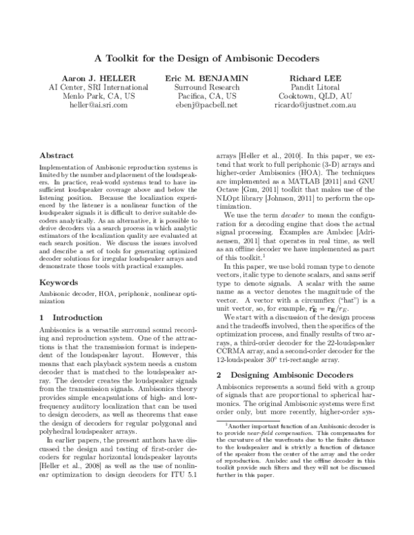 (PDF) A Toolkit for the Design of Ambisonic Decoders | Aaron Heller - Academia.edu