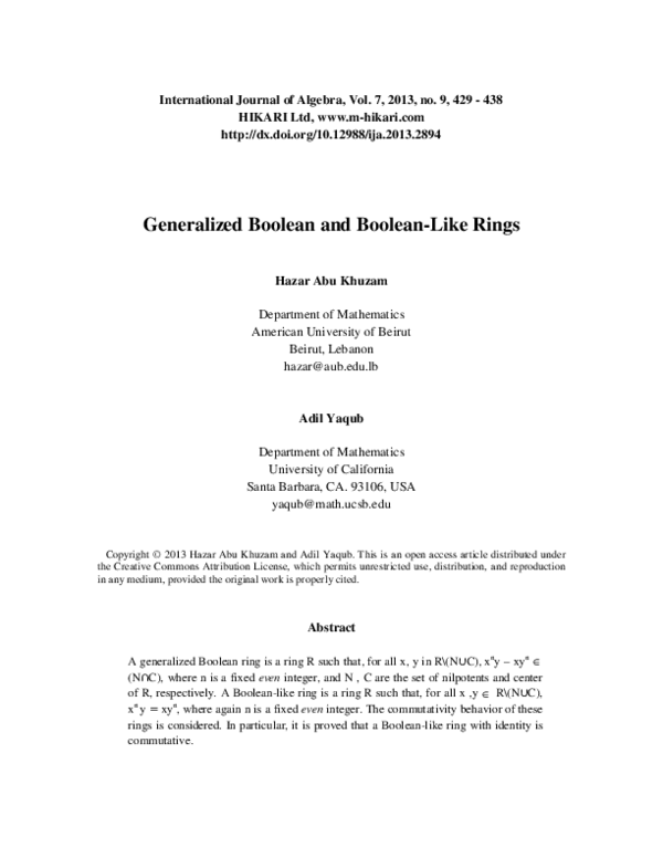 (PDF) Generalized Boolean and Boolean-like rings