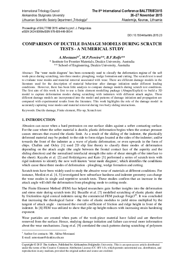 (PDF) Comparison of Ductile Damage Models During Scratch Tests - A ...