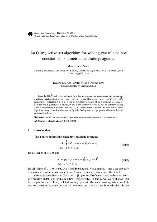 (PDF) An O(n2) active set algorithm for solving two related box constrained parametric quadratic ...