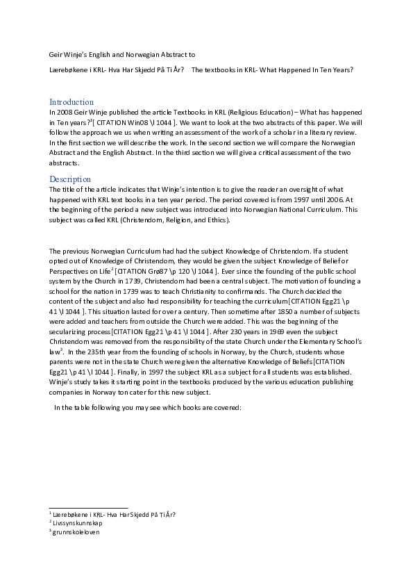 (DOC) Dual Abstracts in Winje's KRL Textbooks Study