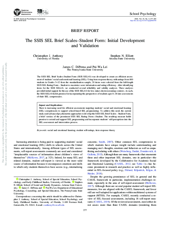 (PDF) The SSIS SEL Brief Scales–Student Form: Initial development and validation