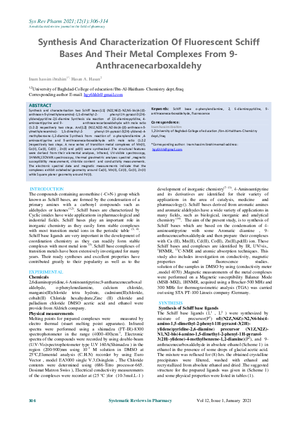 (PDF) Synthesis And Characterization Of Fluorescent Schiff Bases And Their Metal Complexes From ...