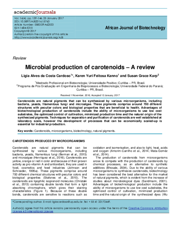 (PDF) Microbial production of carotenoids A review