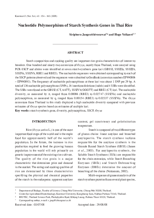 (PDF) Nucleotide Polymorphism of Starch Synthesis Genes in Thai Rice