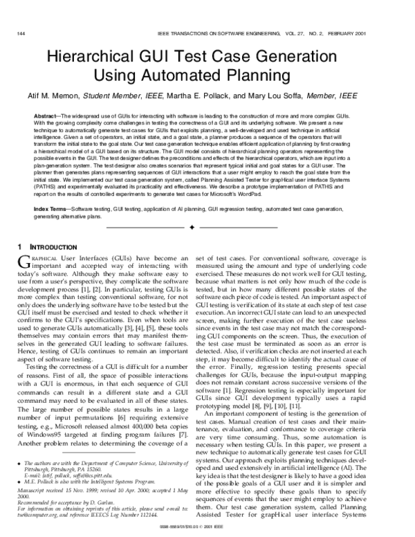 Pdf Hierarchical Gui Test Case Generation Using Automated Planning