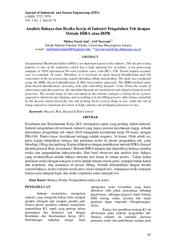 (PDF) Analisis Bahaya dan Resiko Kerja di Industri Pengolahan Teh dengan Metode HIRA atau IBPR ...