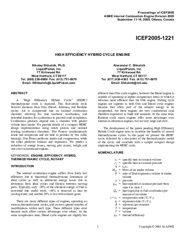 (PDF) ICEF2005-1221 High Efficiency Hybrid Cycle Engine
