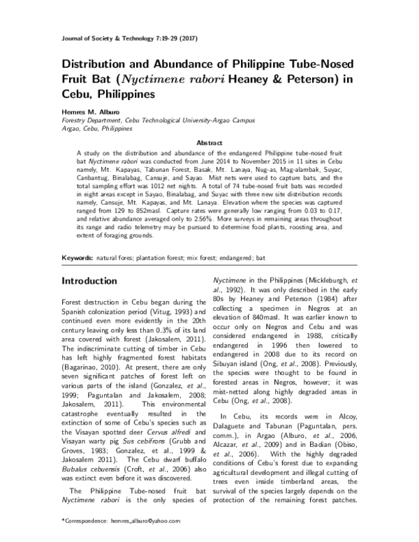 (PDF) Distribution and Abundance of Philippine Tube-Nosed Fruit Bat ...