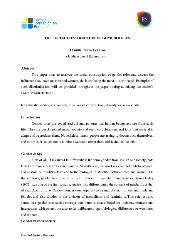 (PDF) THE SOCIAL CONSTRUCTION OF GENDER ROLES