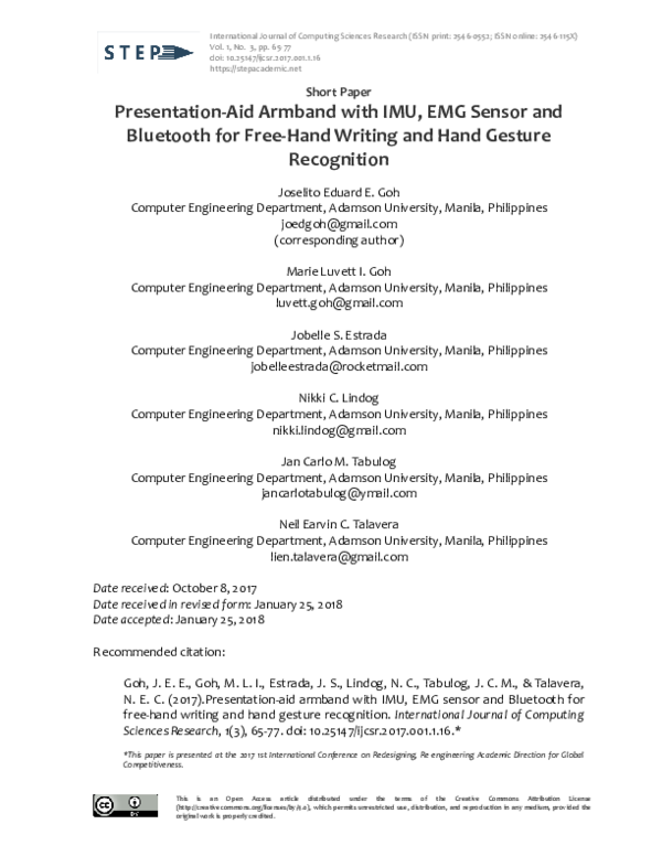 Pdf Presentation Aid Armband With Imu Emg Sensor And Bluetooth For
