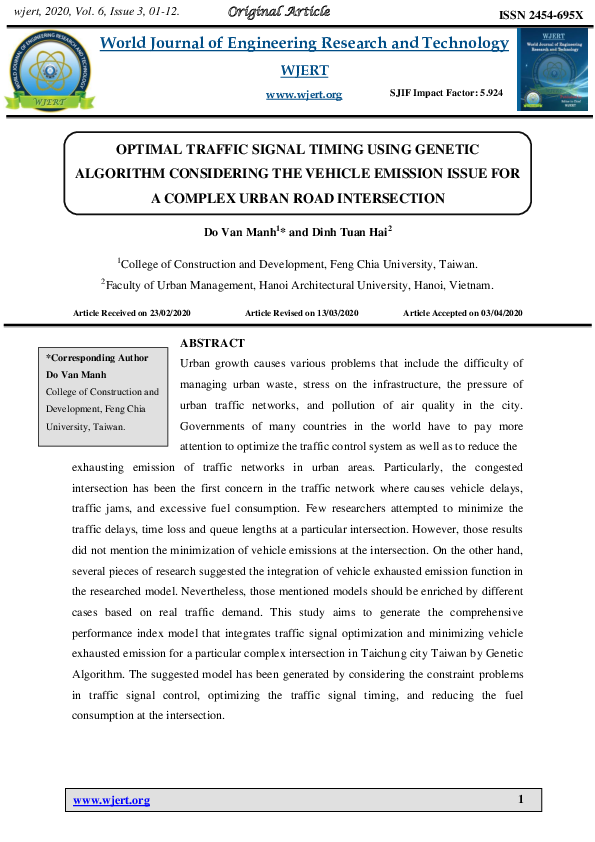 Pdf Optimal Traffic Signal Timing Using Genetic Algorithm Considering The Vehicle Emission