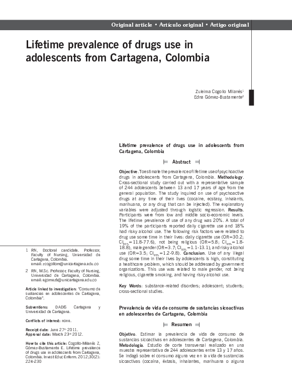 (PDF) Lifetime prevalence of drugs use in adolescents from Cartagena ...