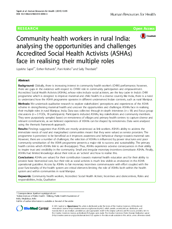 (PDF) Community health workers in rural India: analysing the ...