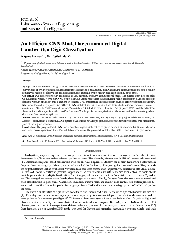 (PDF) An Efficient CNN Model for Automated Digital Handwritten Digit Classification
