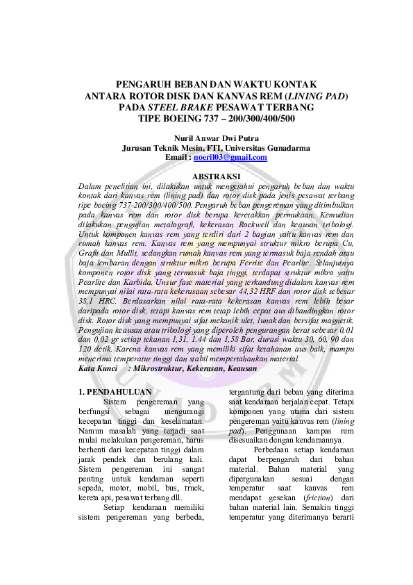 (PDF) Pengaruh Beban Dan Waktu Kontak Antara Rotor Disk Dan Kanvas Rem ...