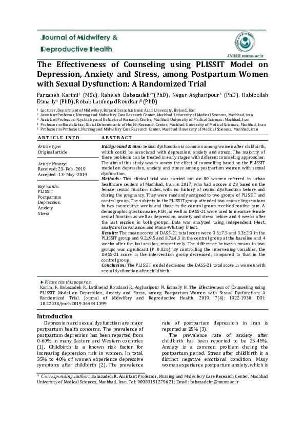 (PDF) The Effectiveness of Counseling using PLISSIT Model on Depression ...