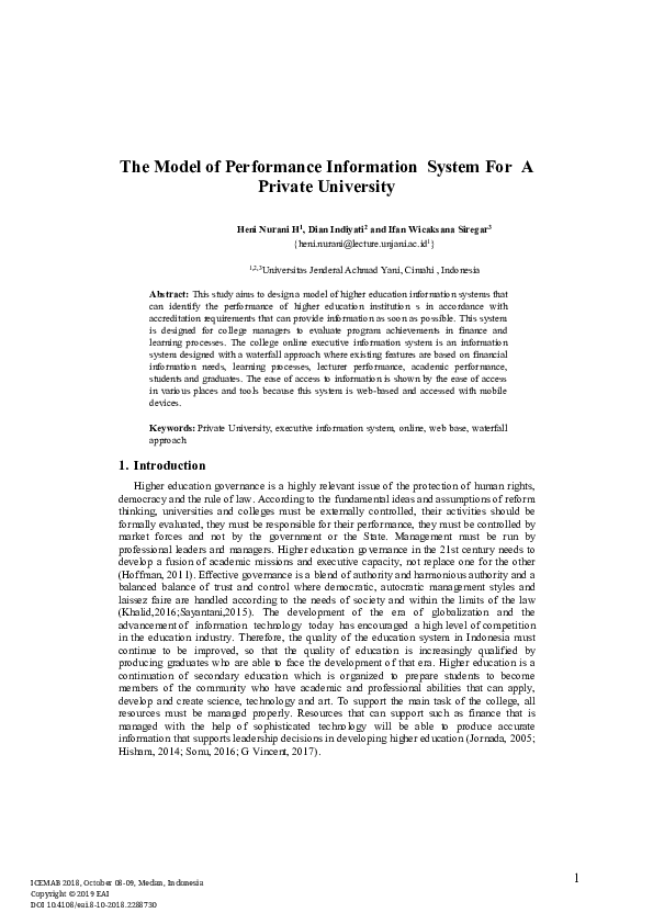 Pdf The Model Of Performance Information System For A Private University