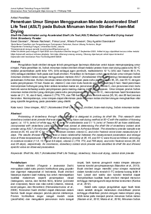 (PDF) Penentuan Umur Simpan Menggunakan Metode Accelerated Shelf Life ...
