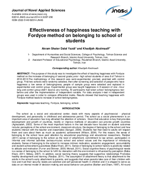 (PDF) Effectiveness of happiness teaching with Fordyce method on ...