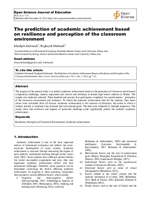 (PDF) The Prediction of Academic Achievement Based on Resilience and ...