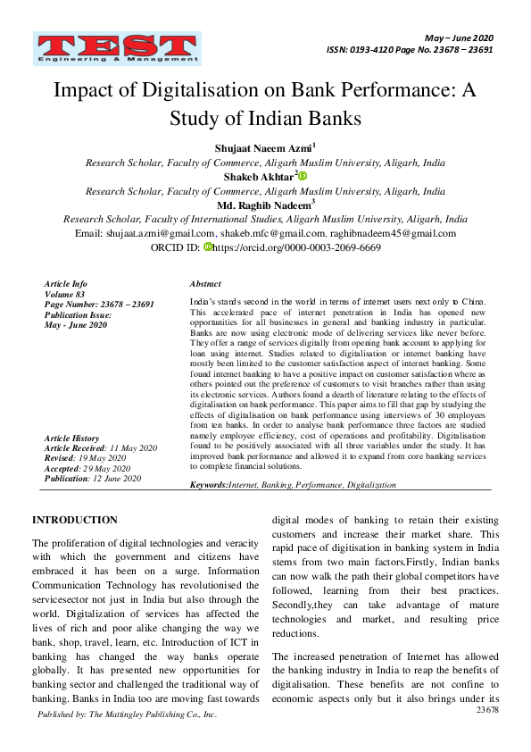 (PDF) Impact of Digitalisation on Bank Performance: A Study of Indian Banks