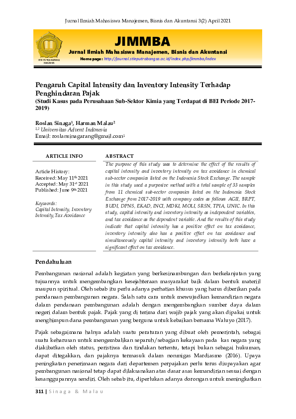 (PDF) Pengaruh Capital Intensity dan Inventory Intensity Terhadap Penghindaran Pajak