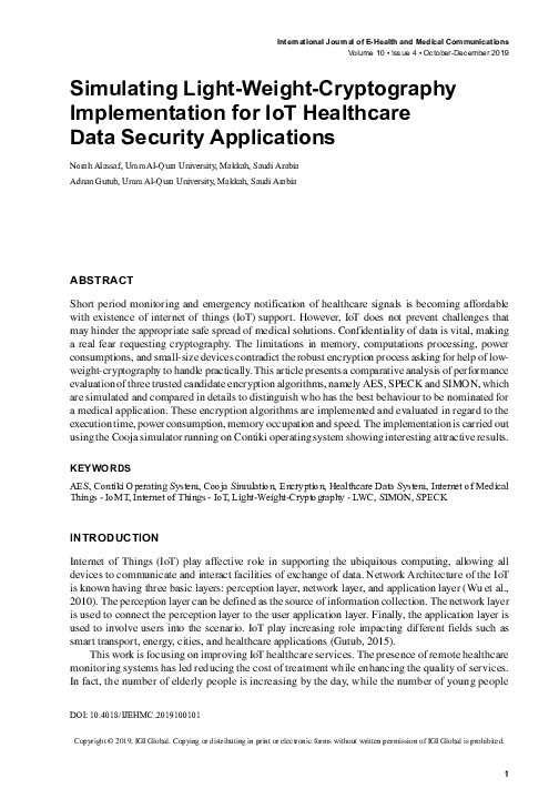 (PDF) Simulating Light-Weight-Cryptography Implementation for IoT Healthcare Data Security ...