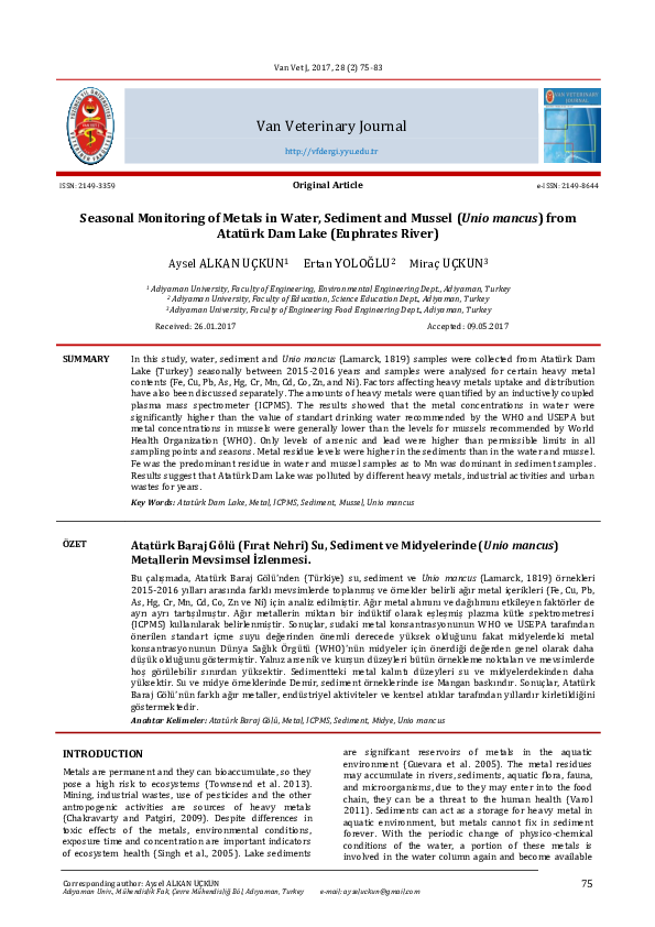 (PDF) Seasonal Monitoring of Metals in Water, Sediment and Mussel (Unio ...