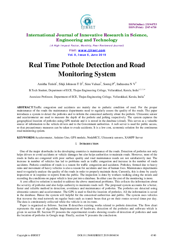 (PDF) Real Time Pothole Detection and Road Monitoring System