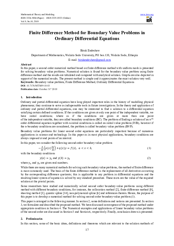 (PDF) Finite Difference Method for Boundary Value Problems in Ordinary ...