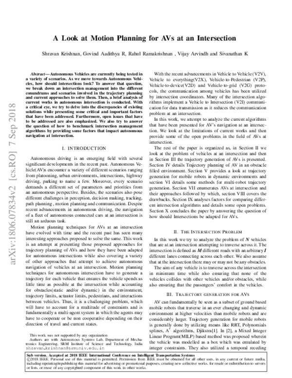 A Look at Motion Planning for Autonomous Vehicles at an Intersection
