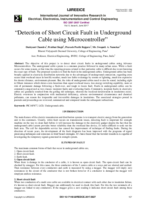 Pdf “detection Of Short Circuit Fault In Underground Cable Using Microcontroller”