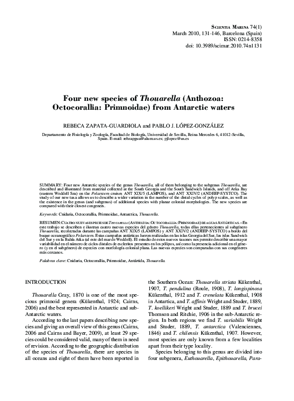 (PDF) Four new species of Thouarella (Anthozoa: Octocorallia ...