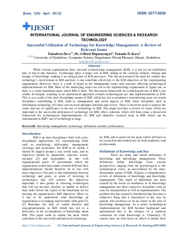 (PDF) Successful Utilization of Technology for Knowledge Management: A ...