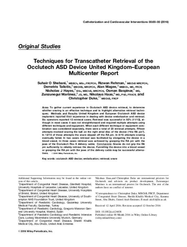 (PDF) Techniques for transcatheter retrieval of the occlutech ASD ...