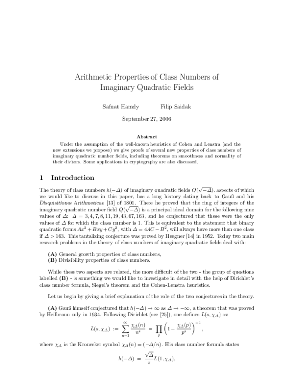 Pdf Arithmetic Properties Of Class Numbers Of Imaginary Quadratic Fields