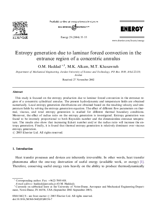 Pdf Entropy Generation Due To Laminar Forced Convection In The Entrance Region Of A Concentric